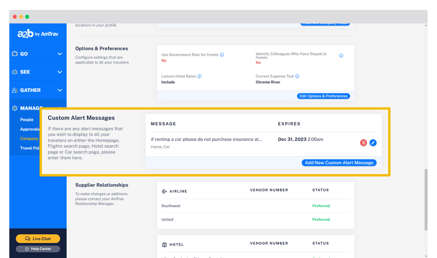 How can I create custom travel alerts in AmTrav?