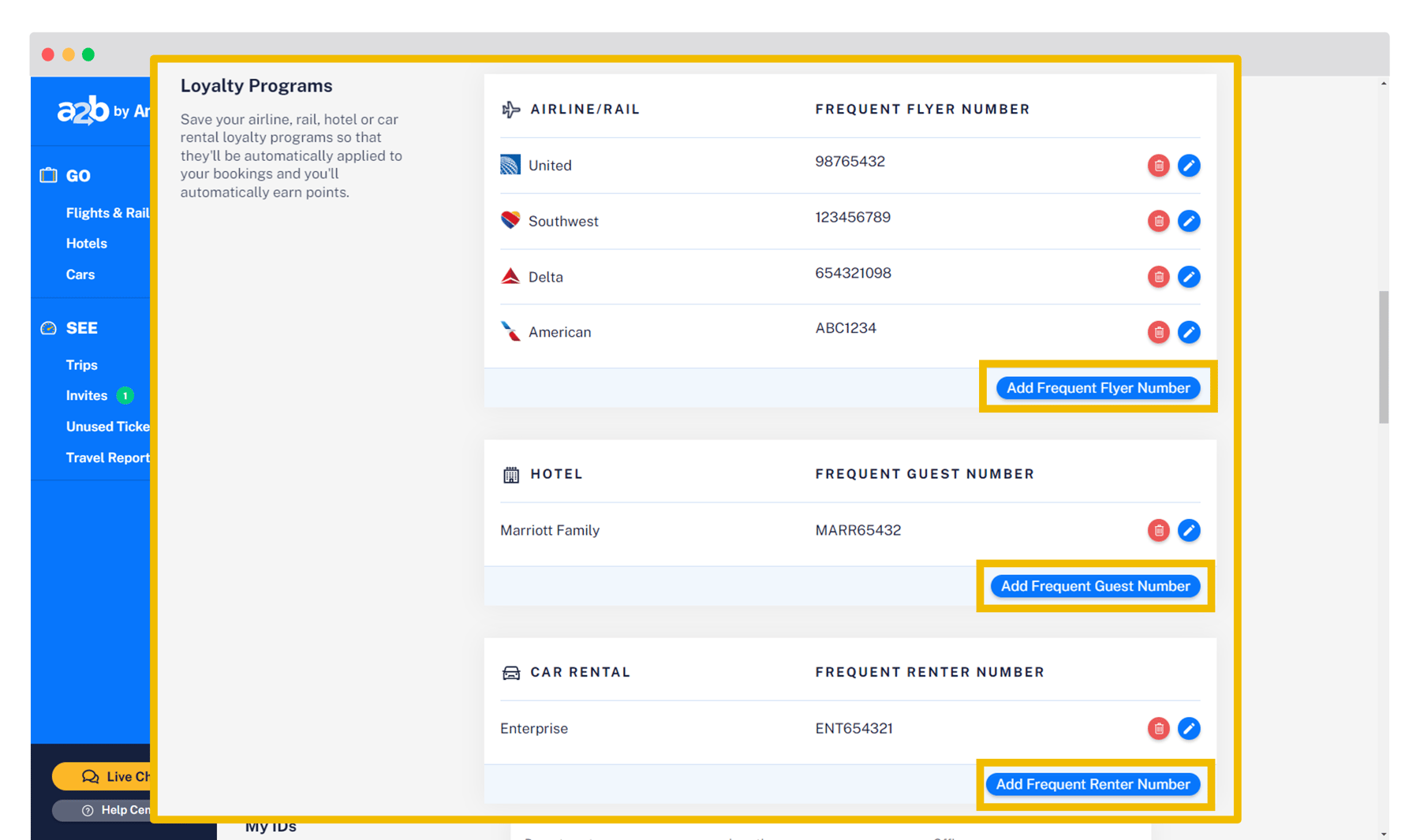 How do I add loyalty program numbers to my profile?