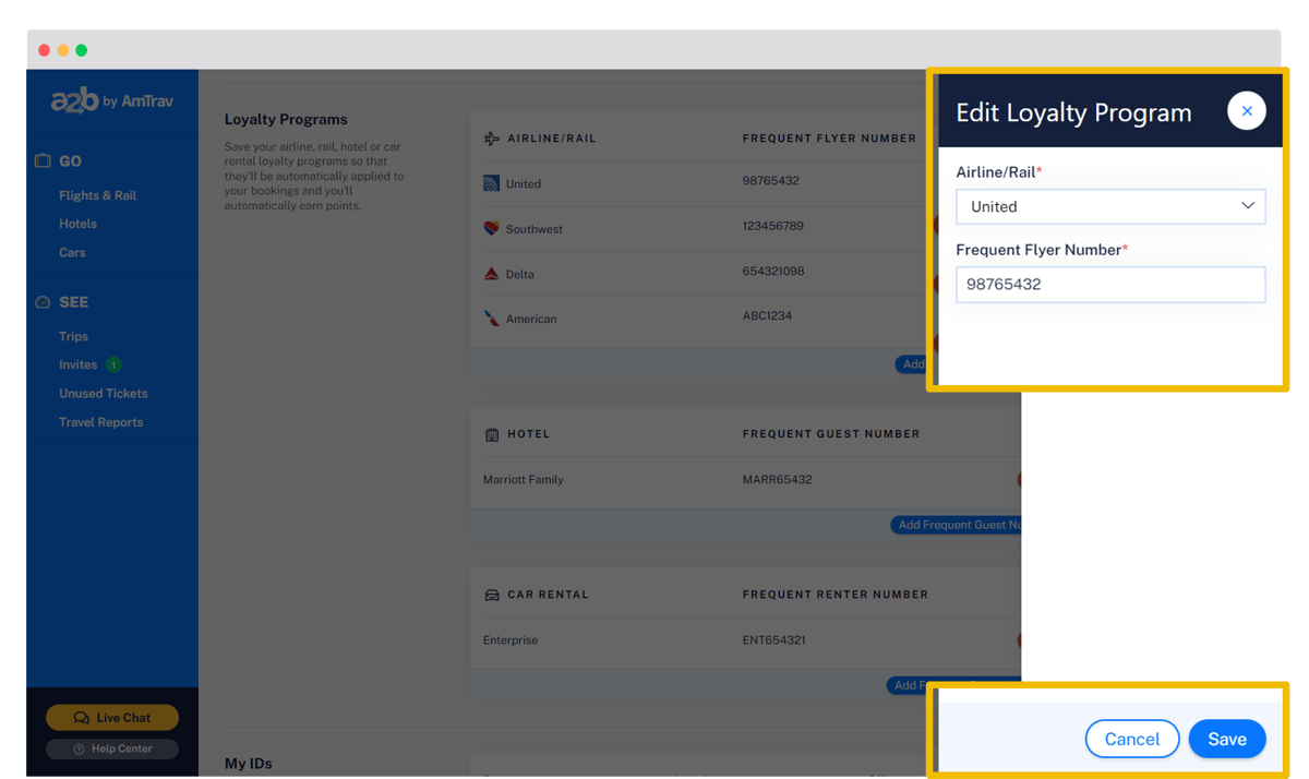 How do I add loyalty program numbers to my profile?