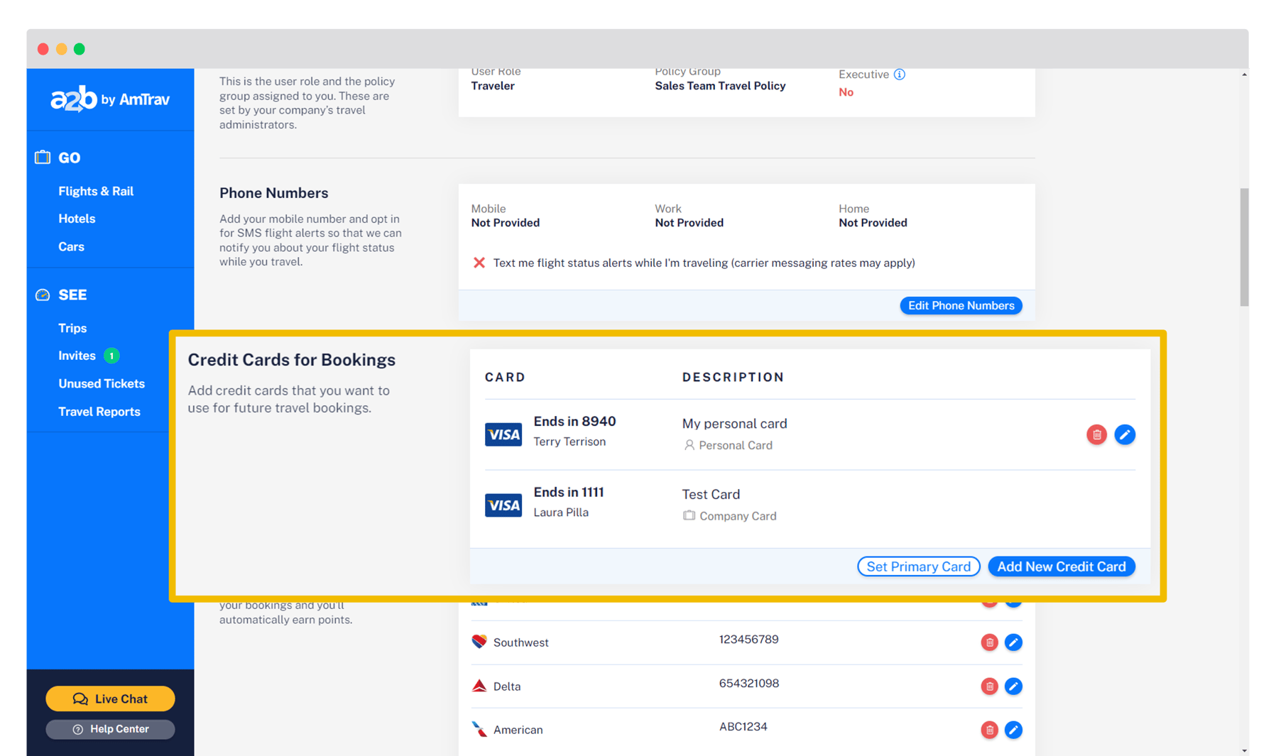 How do I add or update my credit card in my profile?