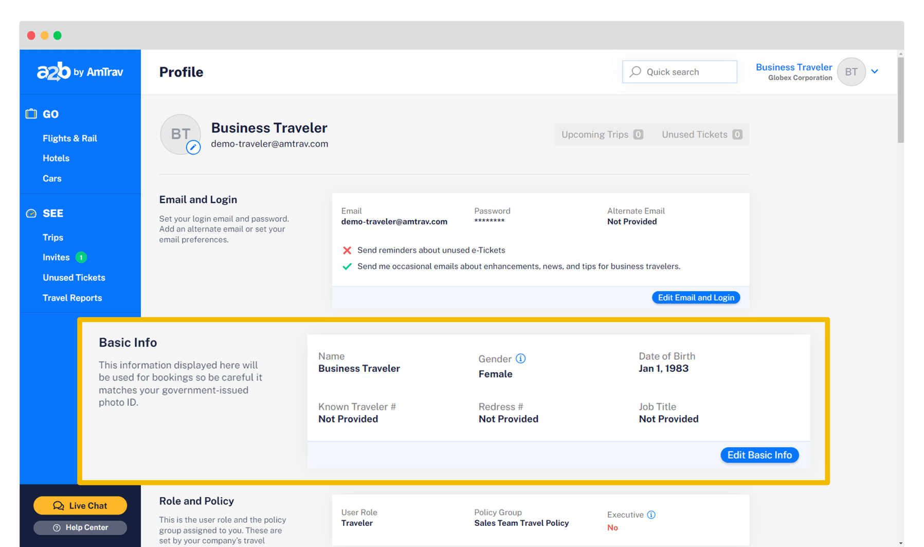 How do I add secure traveler information to my account?