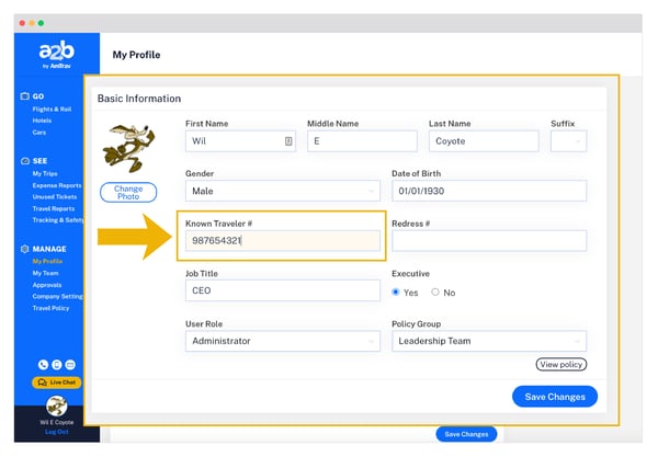 How do I add secure traveler information to my account?
