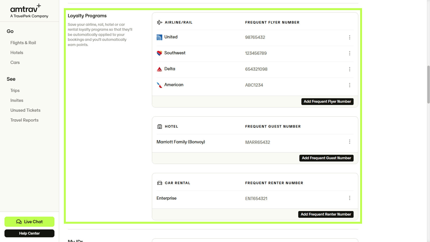 How do I add loyalty program numbers to my profile?