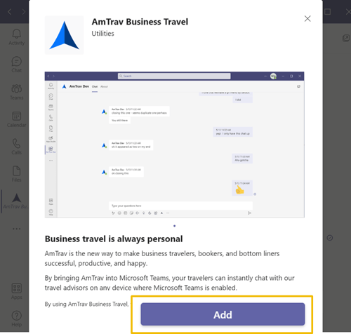 How do I add AmTrav chat to my Microsoft Teams account?
