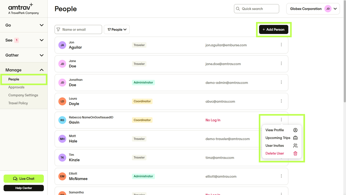 How can I add or invite a new user to our AmTrav account?